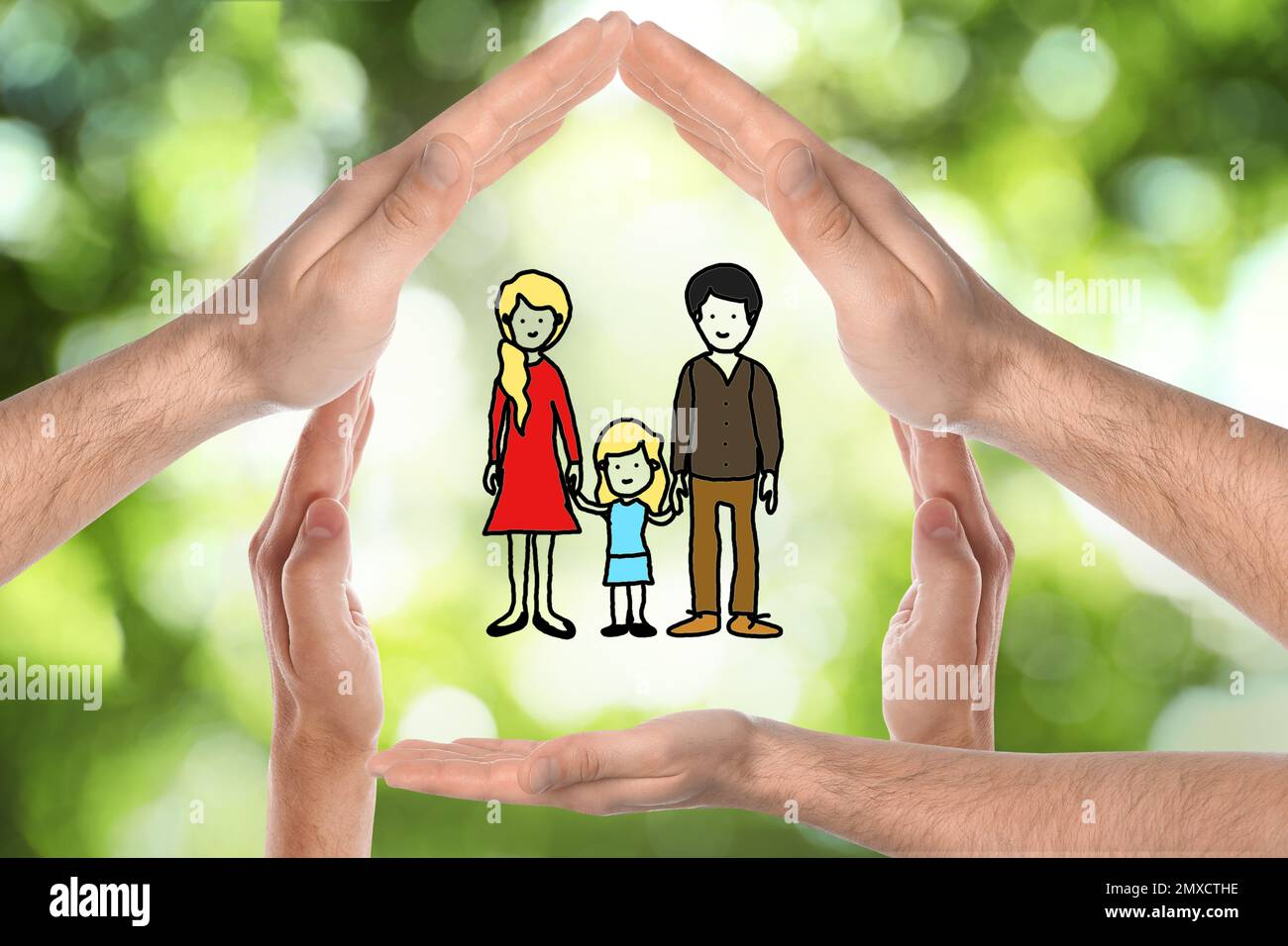 People forming house with their hands and illustration of family on ...