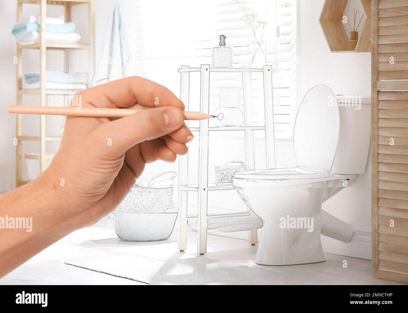 Man drawing bathroom interior design. Combination of photo and sketch ...