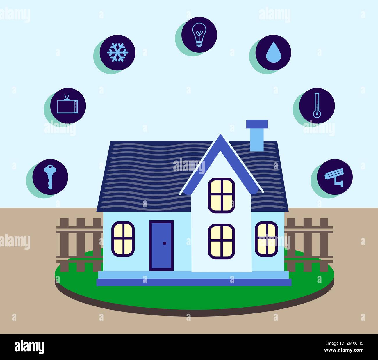 Illustration of smart home technology with automatic systems and icons ...