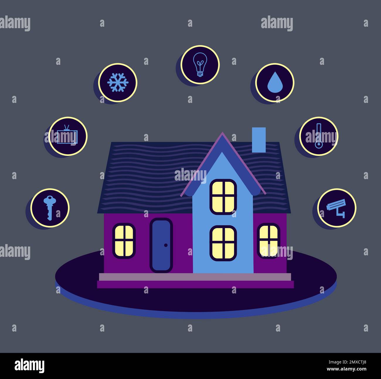 Illustration of smart home technology with automatic systems and icons ...
