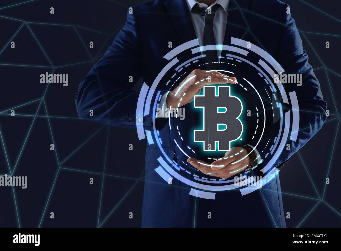 Fintech concept. Businessman demonstrating scheme with bitcoin symbol ...