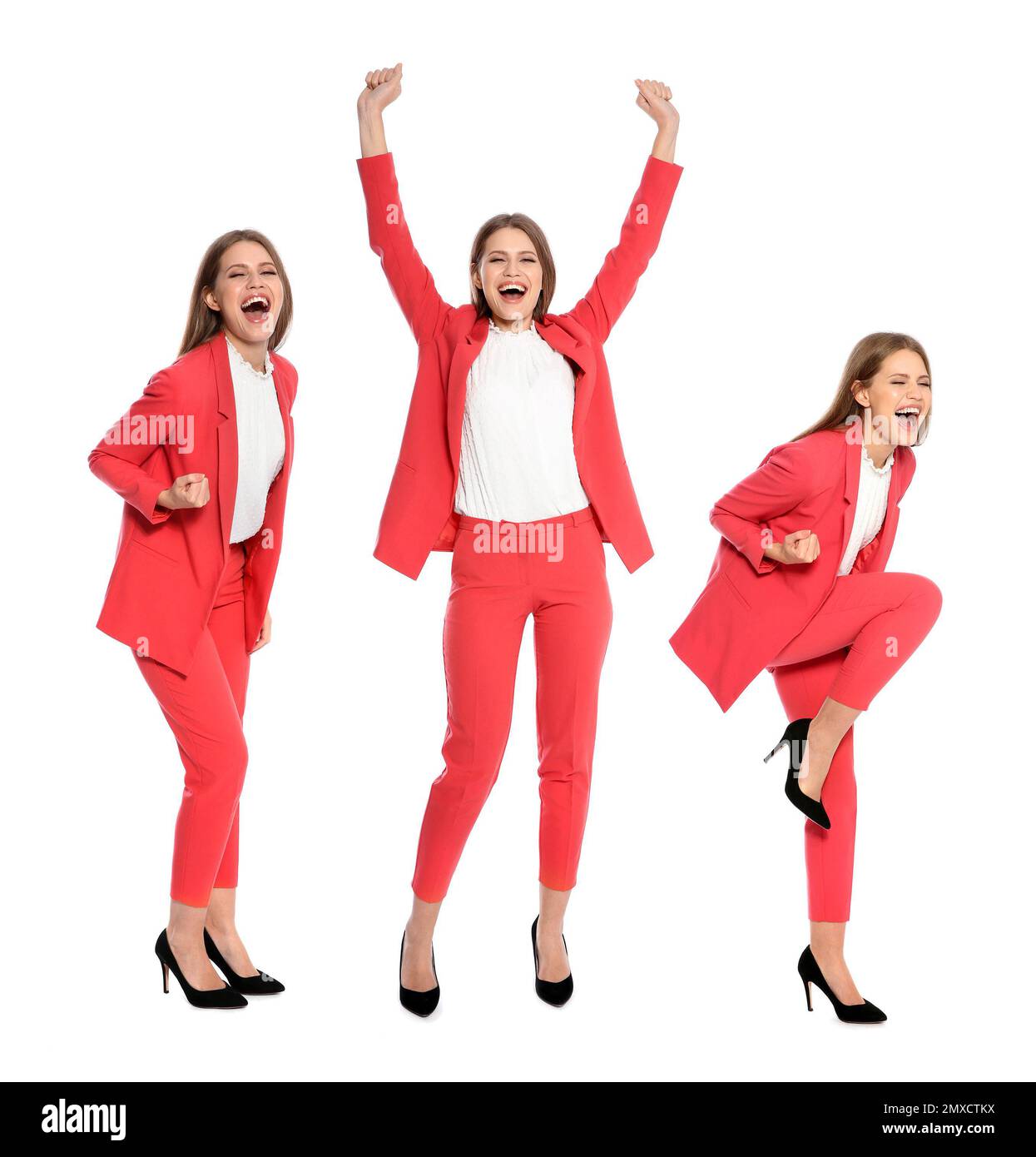 Collage with photos of happy woman celebrating victory on white ...