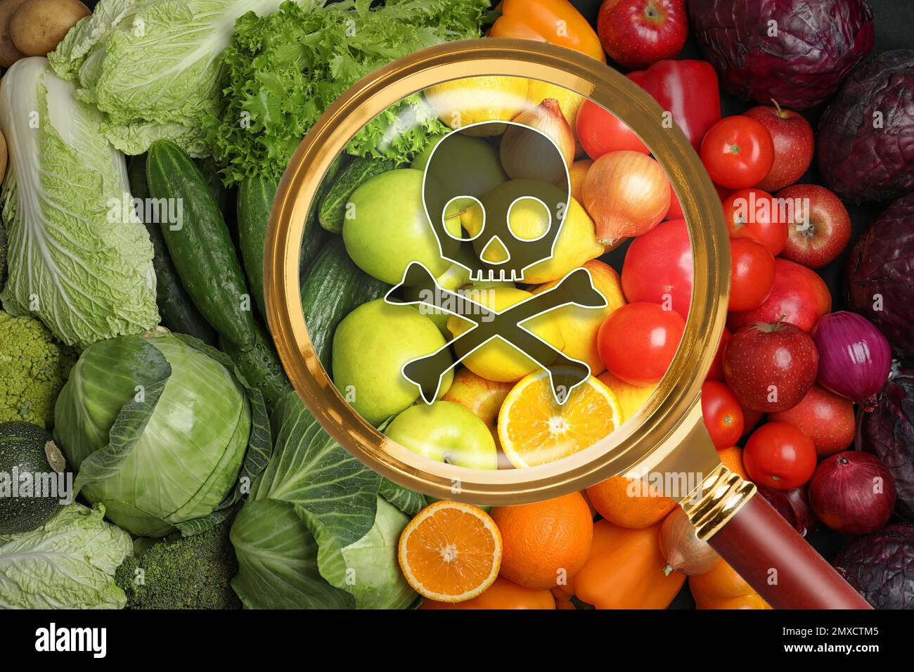 Magnifying glass on fruits and vegetables, top view. Food poisoning ...