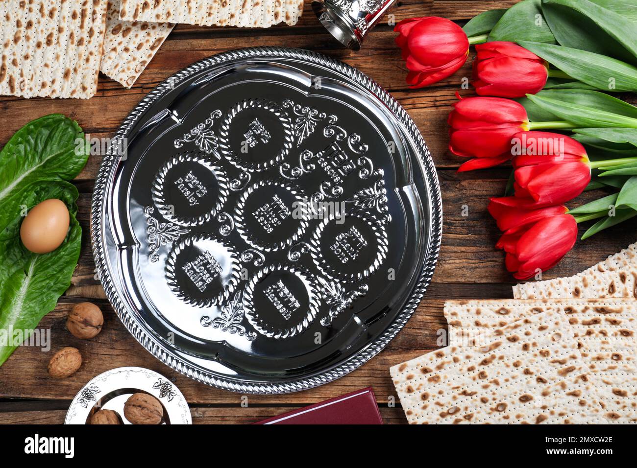 Flat lay composition with Passover Seder plate (keara) on wooden table ...