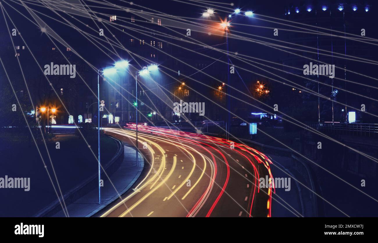 Night cityscape and network connection lines. Cloud technology Stock ...