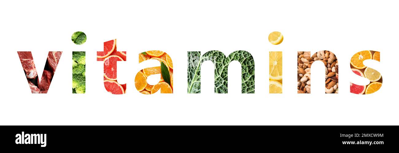 Word VITAMINS made of different products on white background. Banner ...
