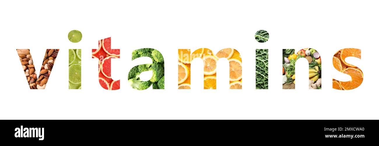 Word VITAMINS made of different products on white background. Banner ...