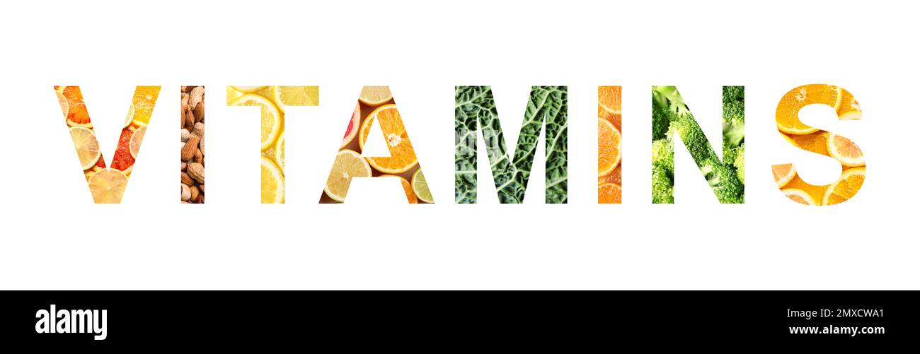 Word VITAMINS made of different products on white background. Banner ...