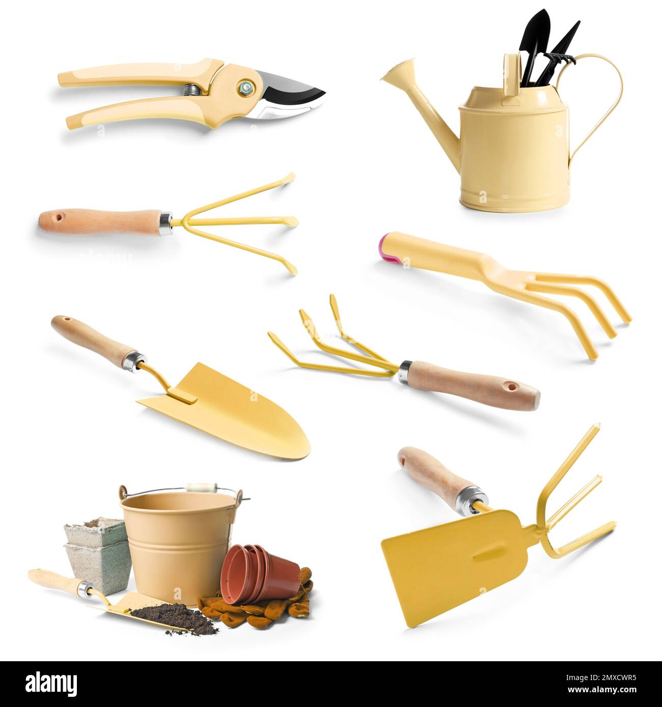 Set of different gardening tools on white background Stock Photo - Alamy