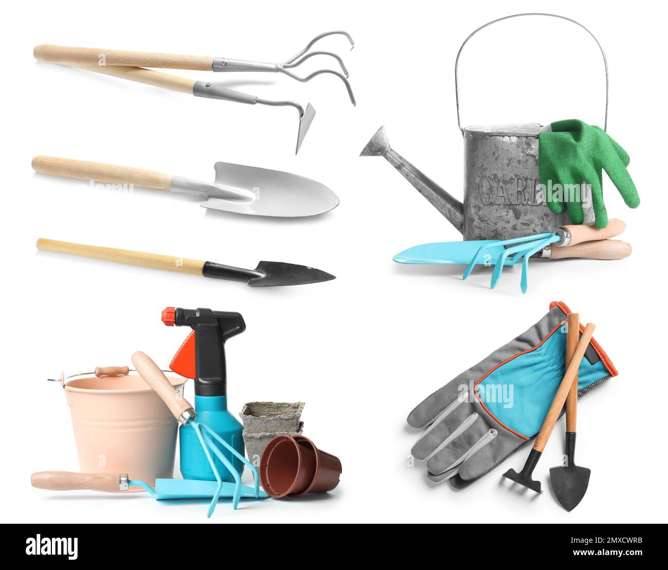 Set of different gardening tools on white background Stock Photo - Alamy