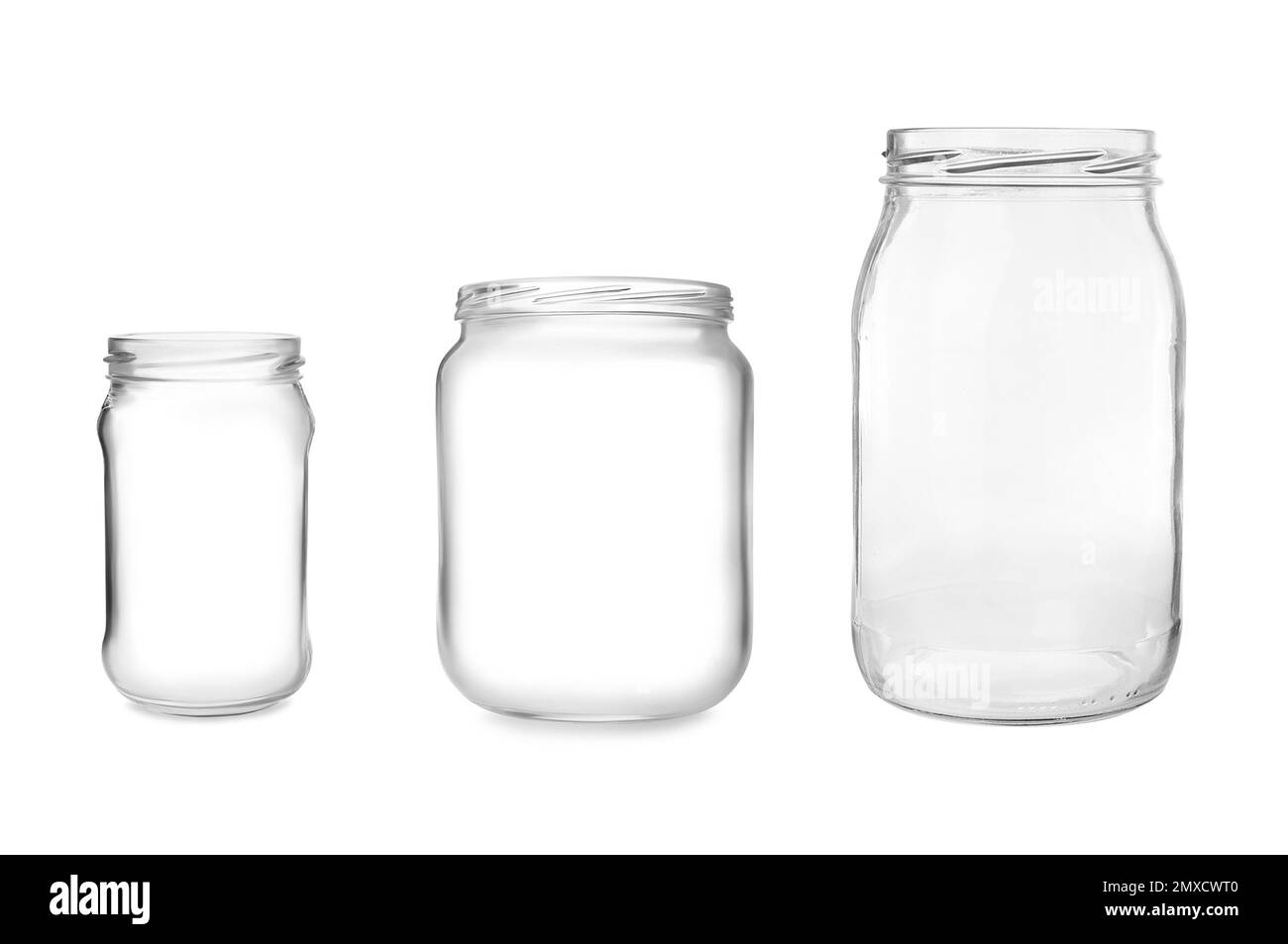 Set with open empty glass jars on white background Stock Photo - Alamy