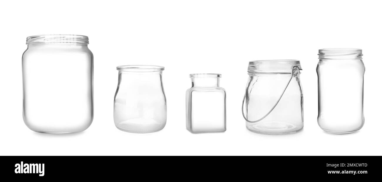 Set with open empty glass jars on white background. Banner design Stock ...