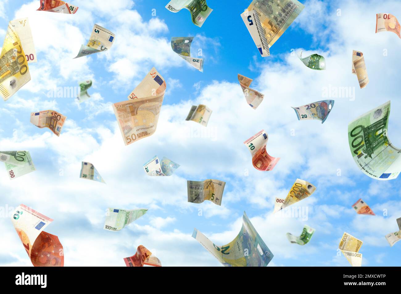 Falling Euro banknotes and blue sky on background. Money rain Stock ...