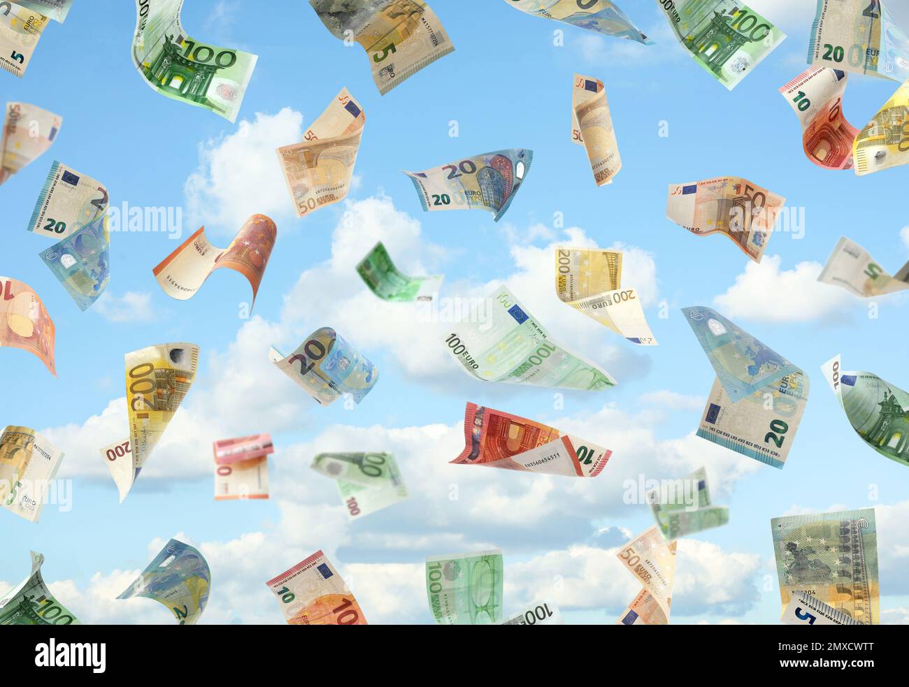 Falling Euro banknotes and blue sky on background. Money rain Stock ...