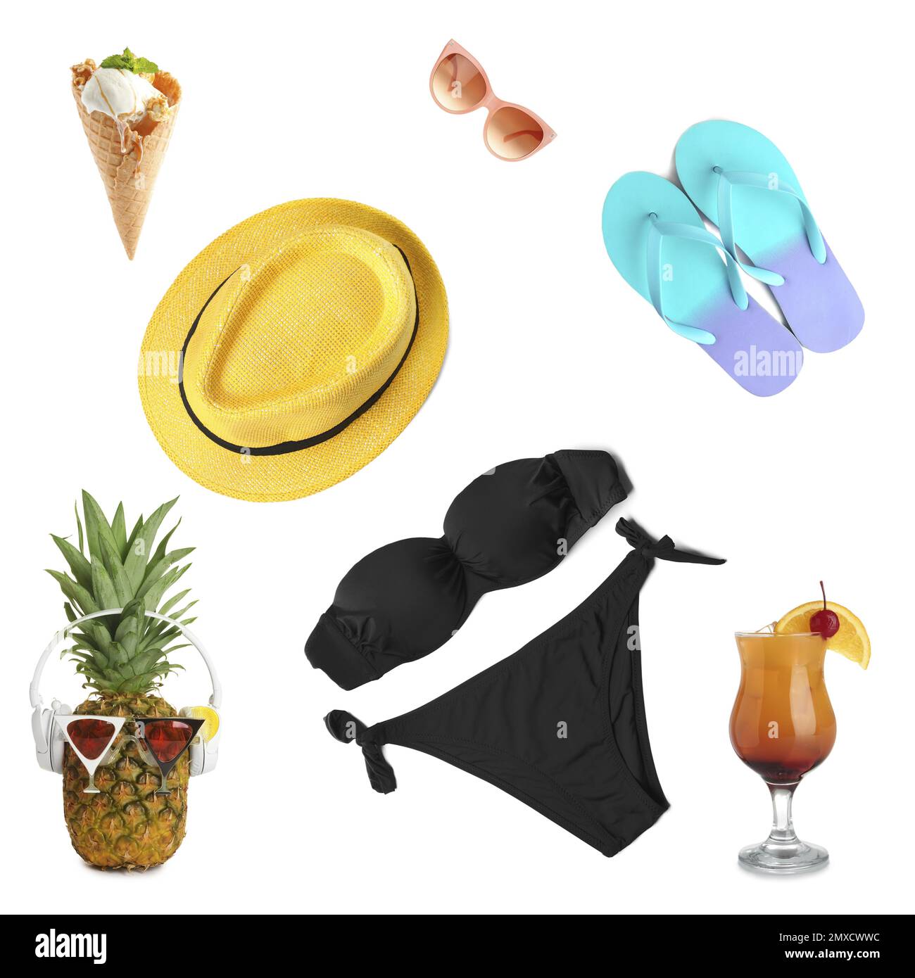 Set of different beach accessories and items on white background Stock ...