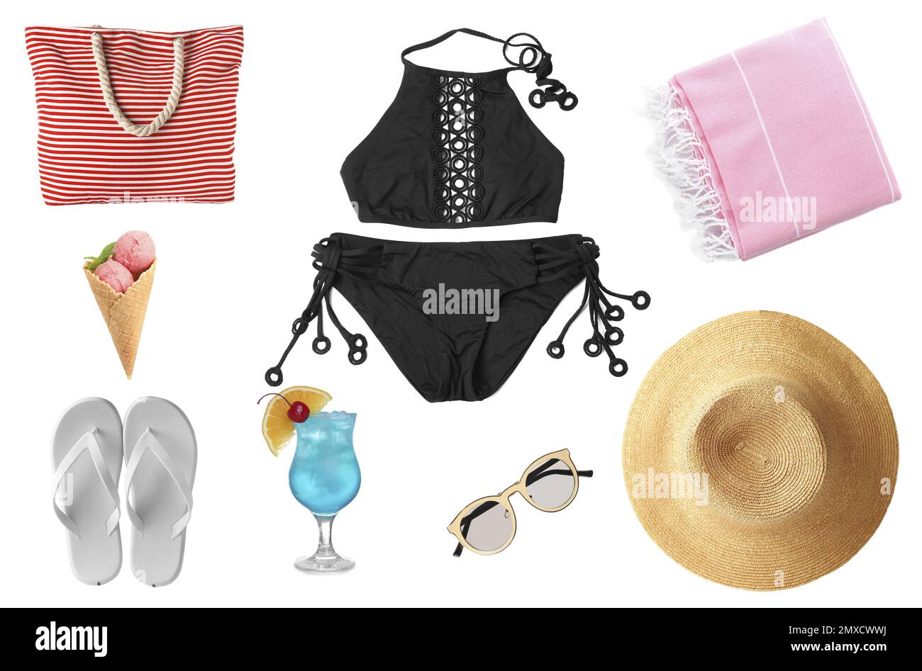 Set of different beach accessories and items on white background Stock ...