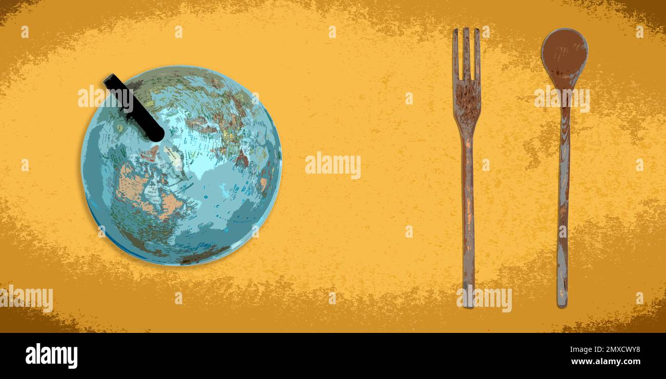Topview of Set Cooking Wooden Utensils and World Globe on Yellow ...