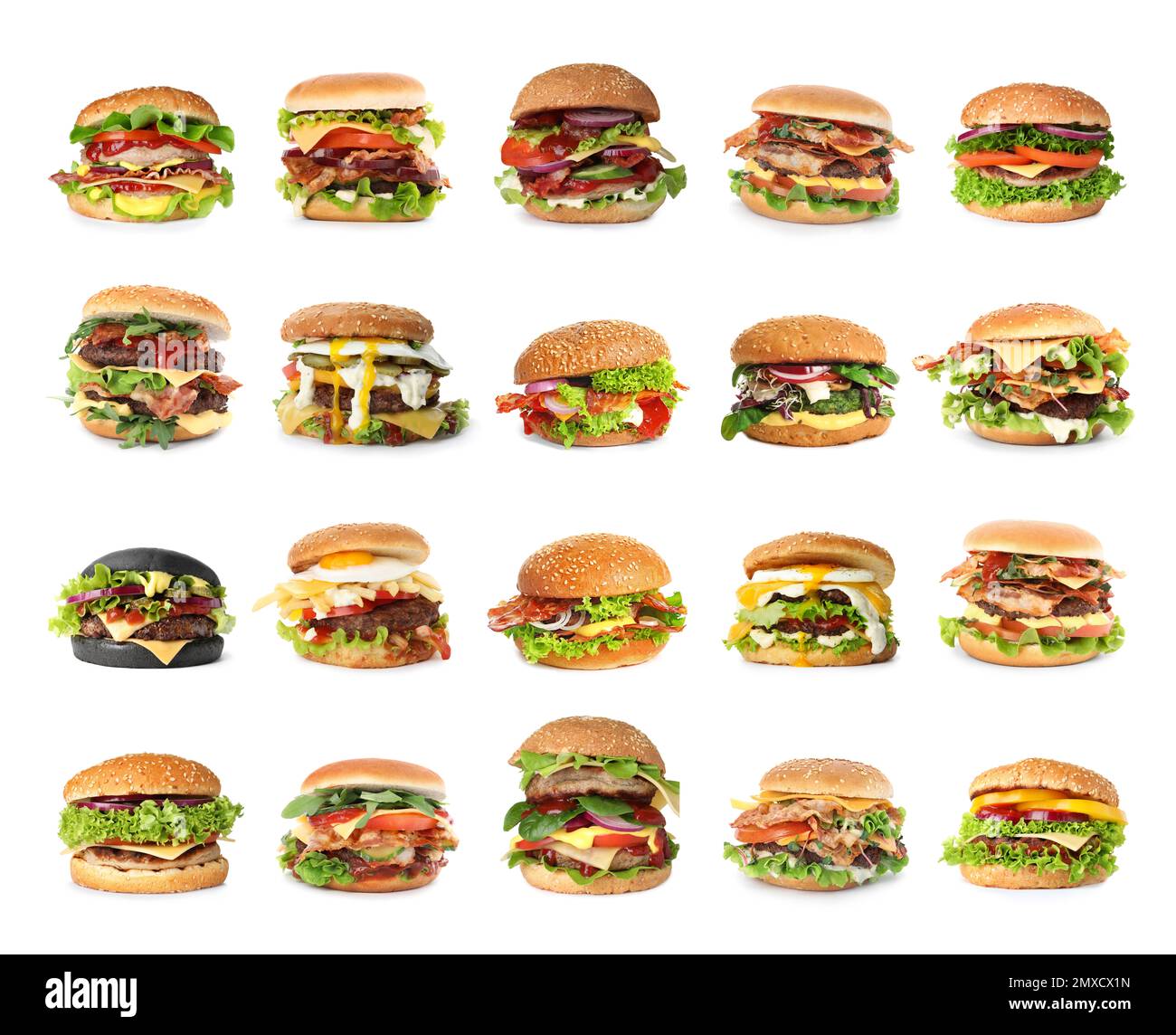 Set of different delicious burgers on white background Stock Photo - Alamy