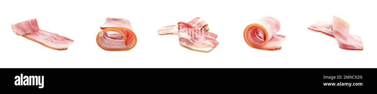 Set with bacon slices on white background. Banner design Stock Photo ...