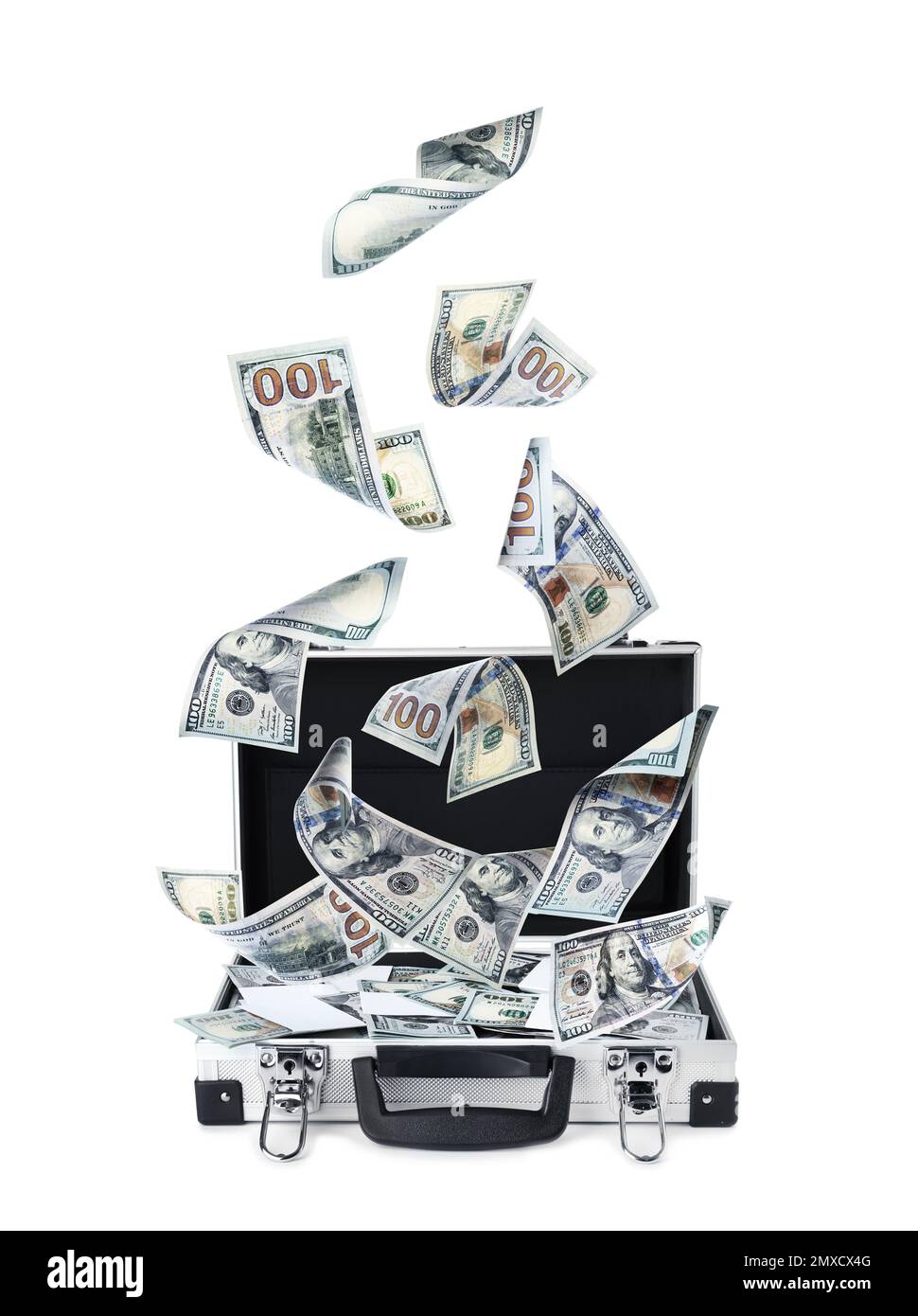 American banknotes falling into suitcase on white background Stock ...