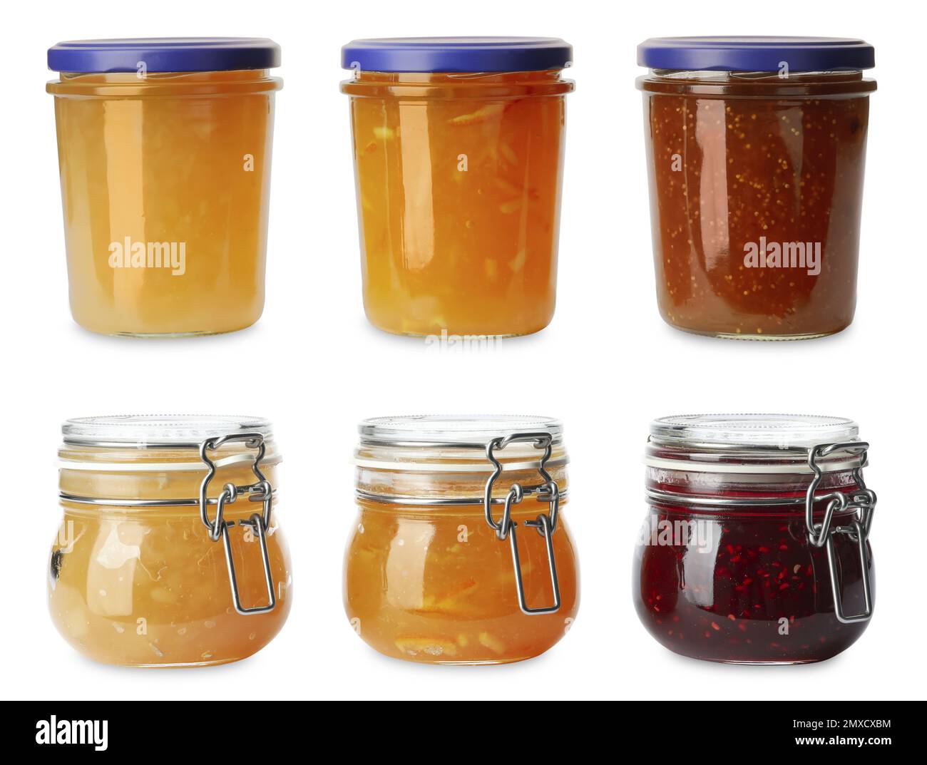 Set of jars with delicious jams on white background Stock Photo - Alamy