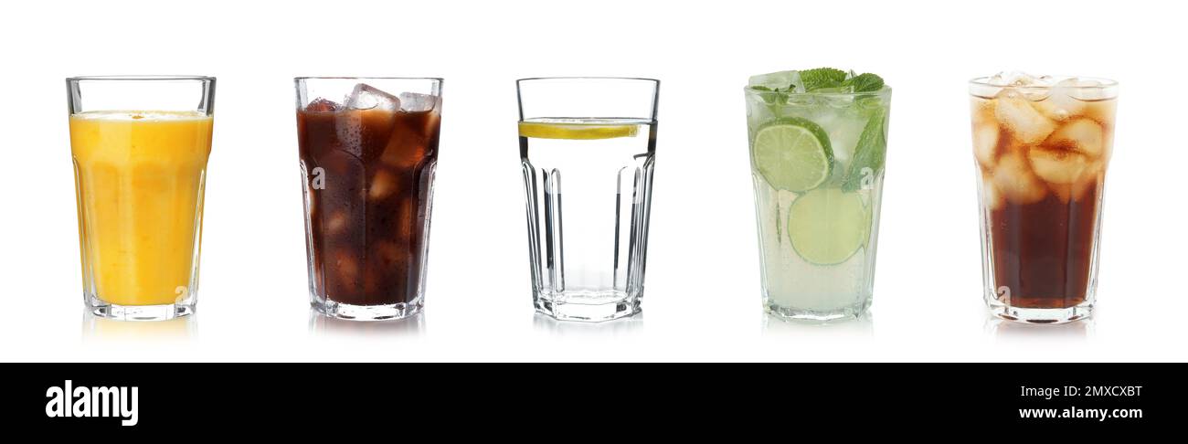 Set of different refreshing drinks on white background. Banner design ...