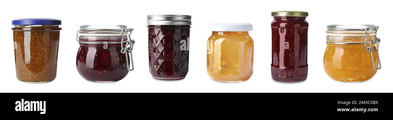 Set of jars with delicious jams on white background. Banner design ...