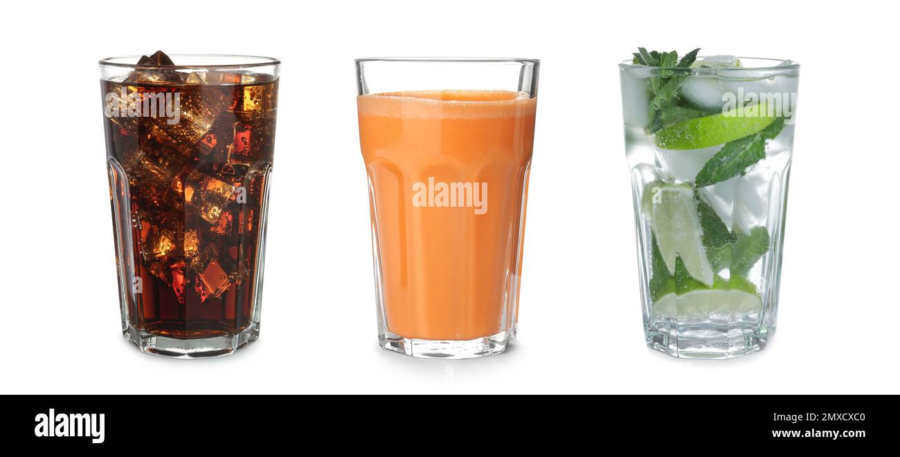 Set of different refreshing drinks on white background. Banner design ...