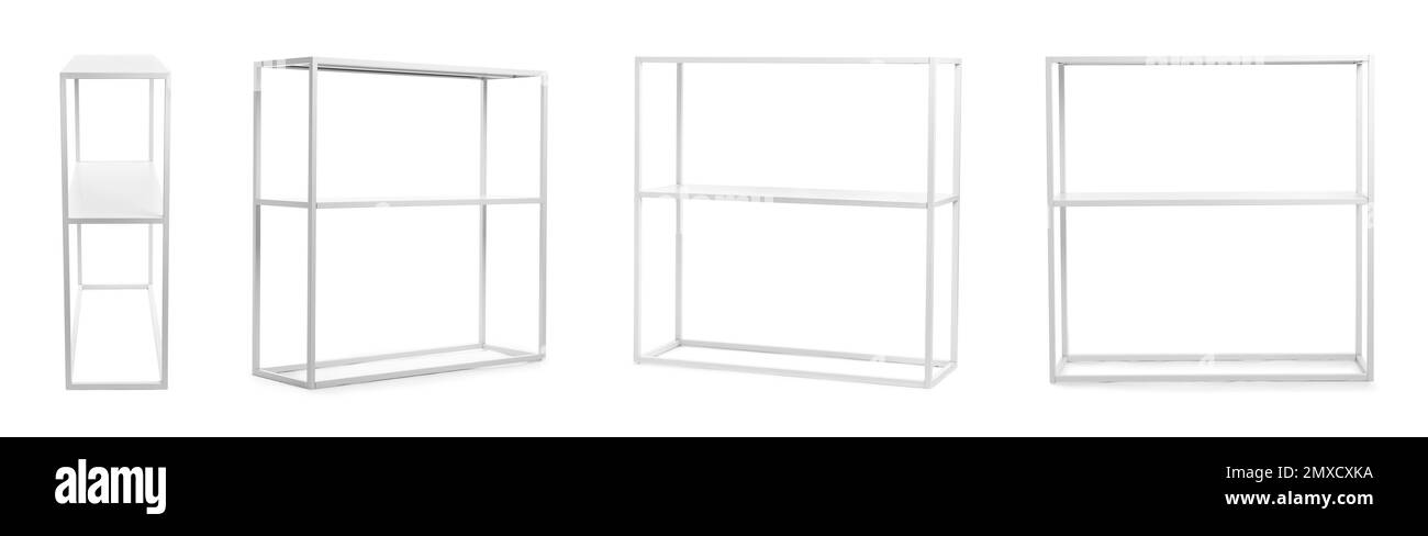 Set with empty shelving units on white background, banner design Stock ...