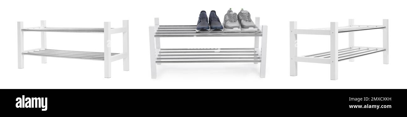 Set with shelving units for shoes on white background, banner design ...