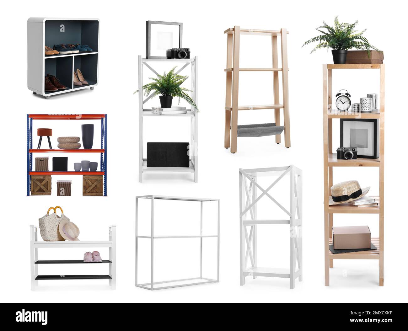 Set with wooden shelving units and different items on white background ...