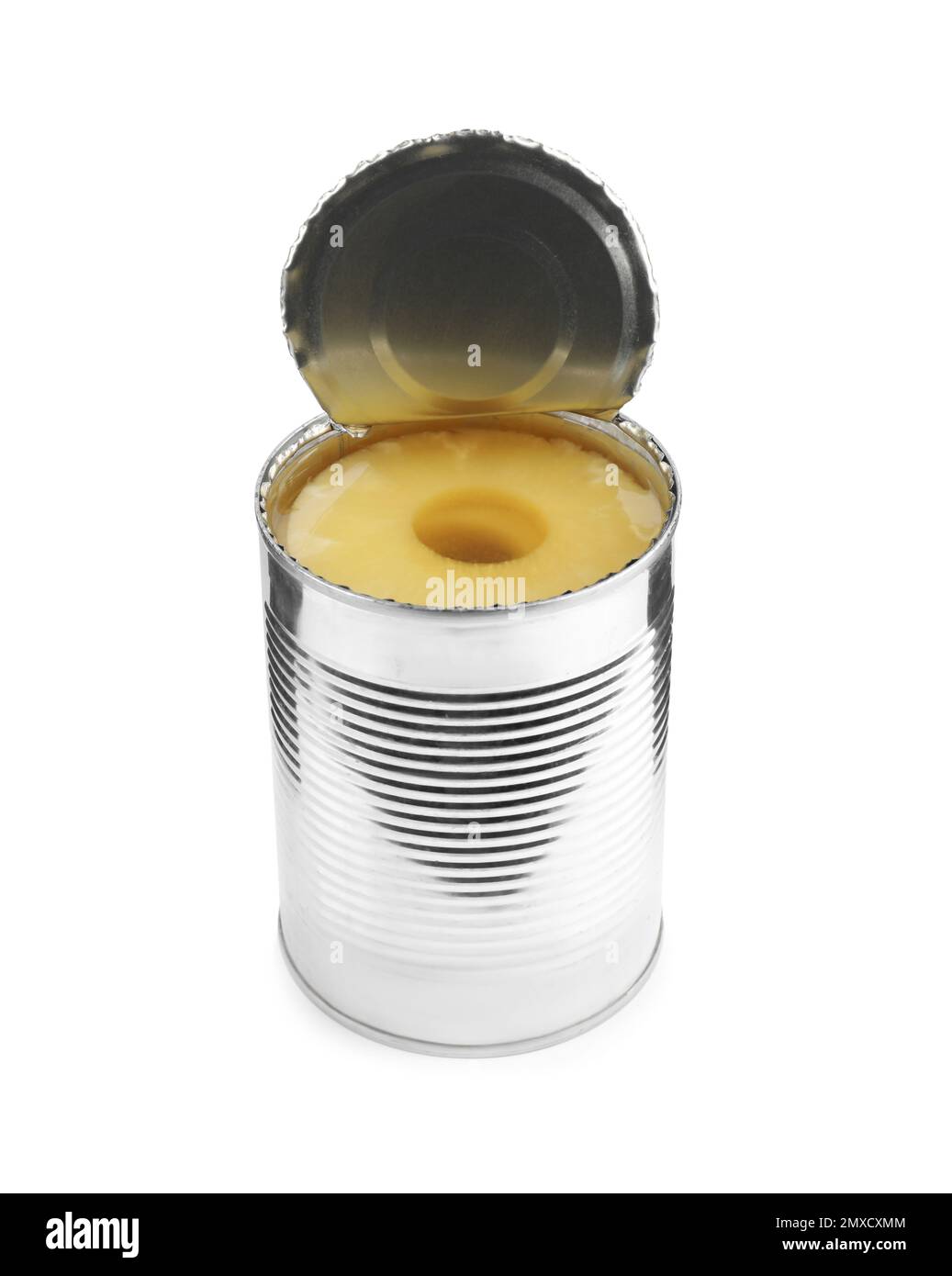 Open tin with canned pineapple isolated on white Stock Photo - Alamy