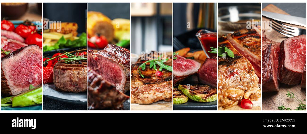 Collage with different photos of delicious grilled meat. Banner design ...