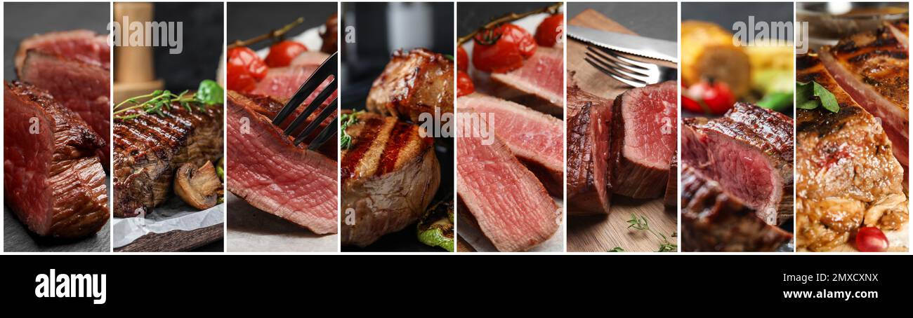 Collage with different photos of delicious grilled meat. Banner design ...