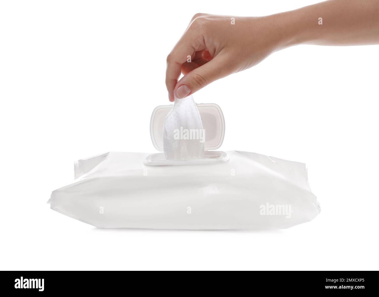 Woman taking wet wipe from pack on white background, closeup Stock ...