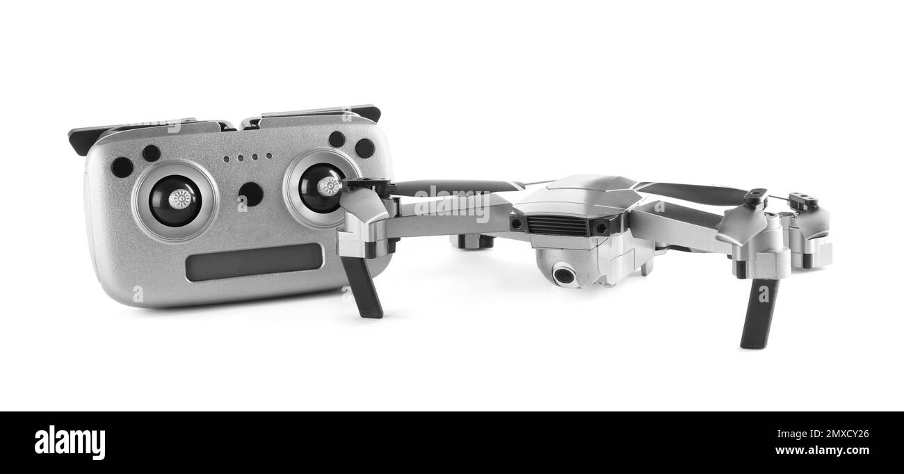 Modern drone with controller isolated on white Stock Photo - Alamy