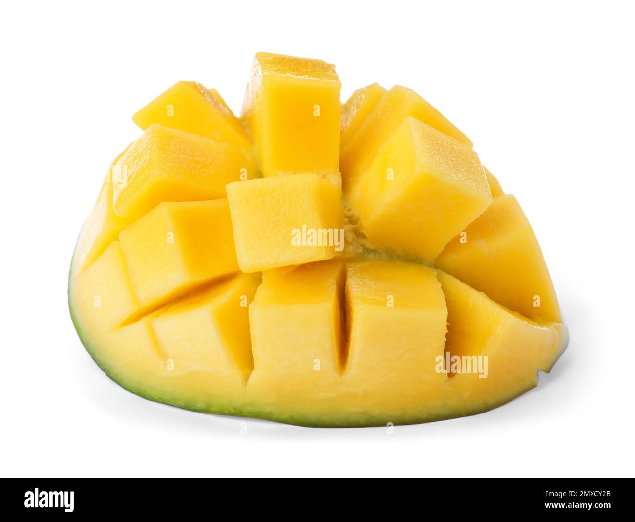 Half of ripe mango cut into cubes isolated on white Stock Photo - Alamy