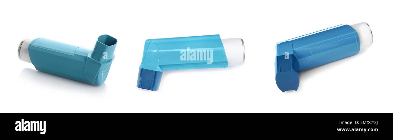 Set with portable asthma inhalers on white background. Banner design ...