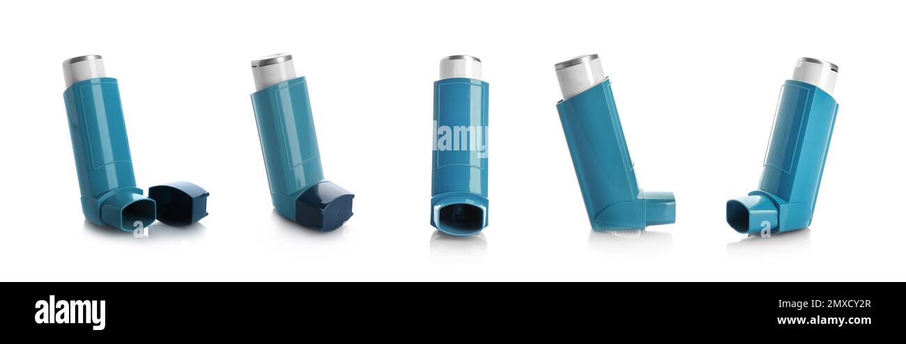 Set with portable asthma inhalers on white background. Banner design ...