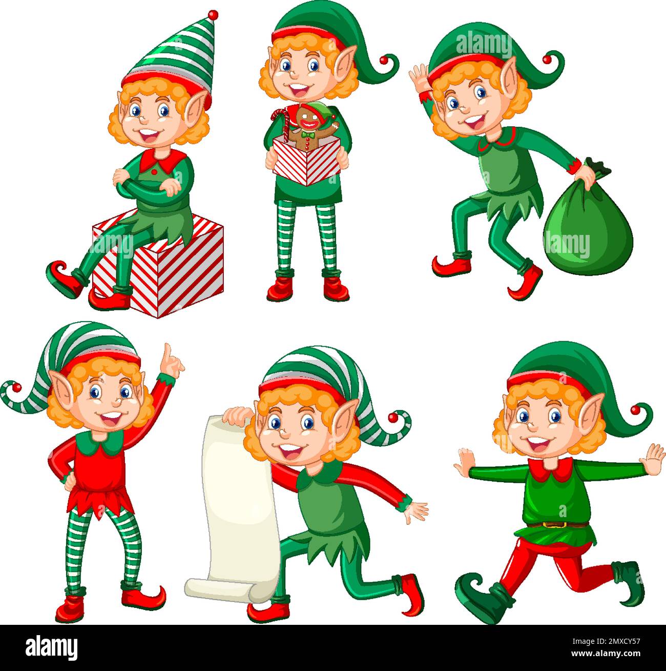 Cute kid wearing elf costume cartoon set illustration Stock Vector ...