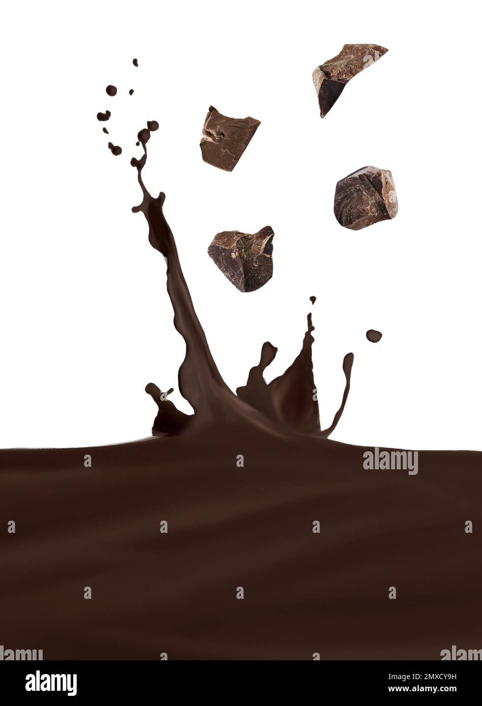 Yummy melted chocolate splashing with falling chunks on white ...