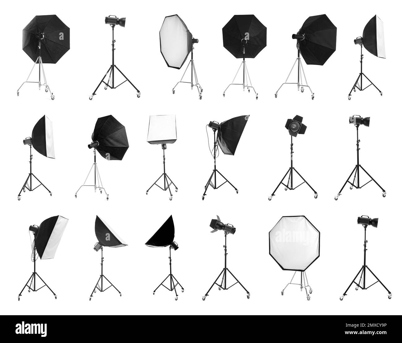 Set with different studio lightings on white background Stock Photo - Alamy