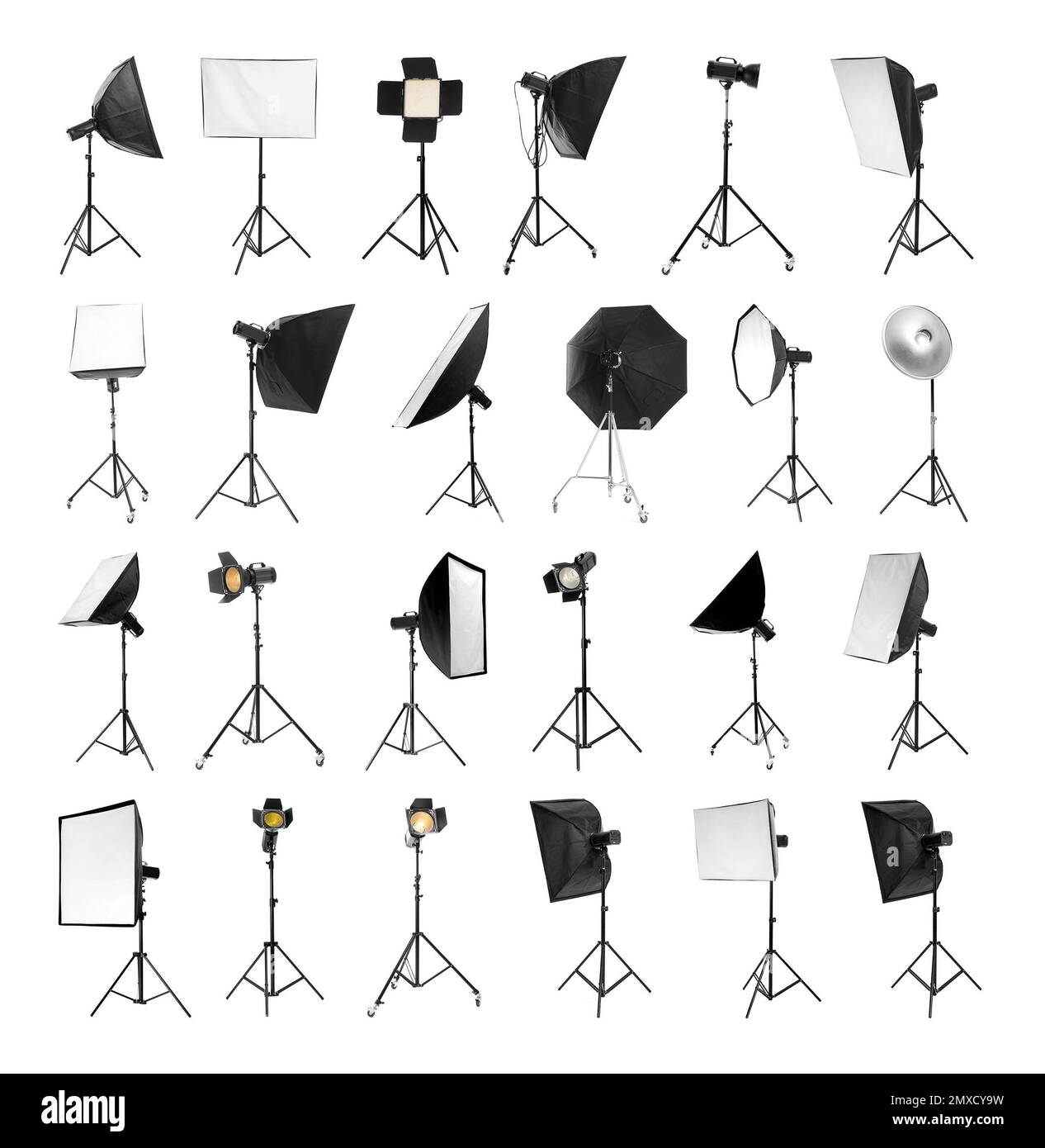 Set with different studio lightings on white background Stock Photo - Alamy