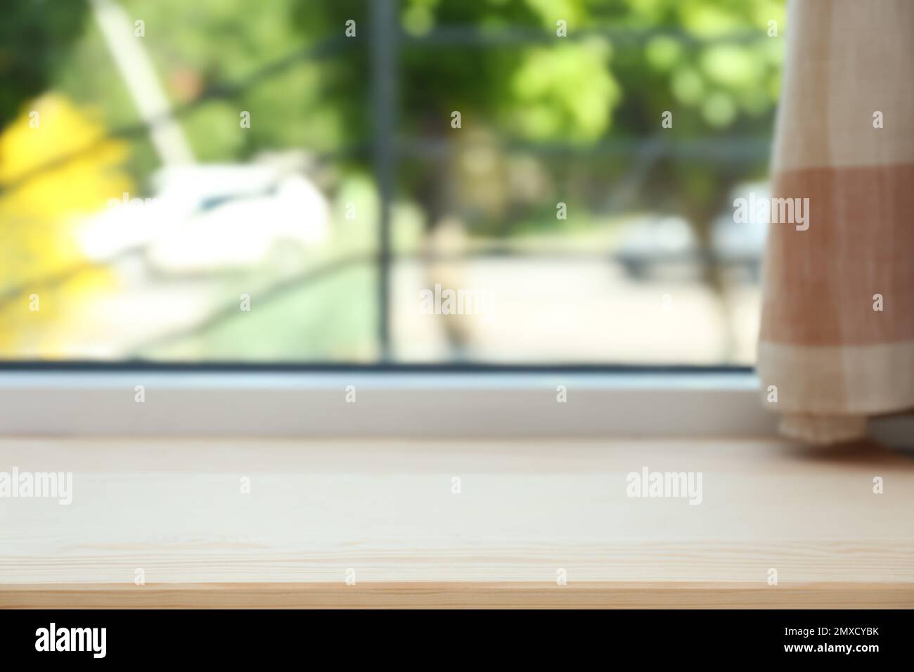 Closeup view of window with empty wooden sill Stock Photo - Alamy