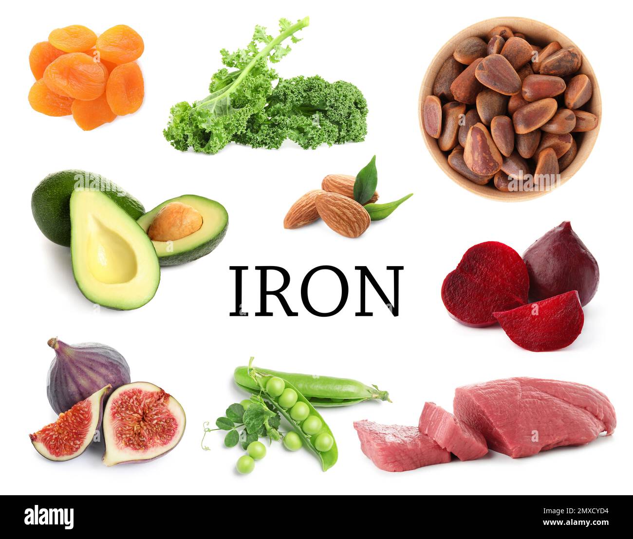 Set with fresh products rich in iron on white background Stock Photo ...