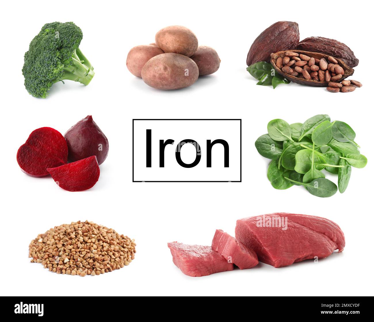 Set with fresh products rich in iron on white background Stock Photo ...