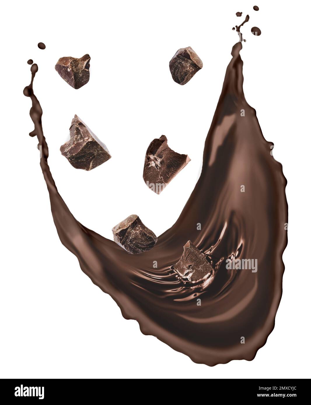 Yummy melted chocolate splash with falling chunks on white background ...