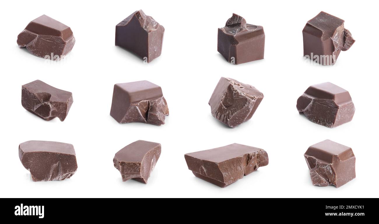 Set with delicious chocolate chunks on white background. Banner design ...