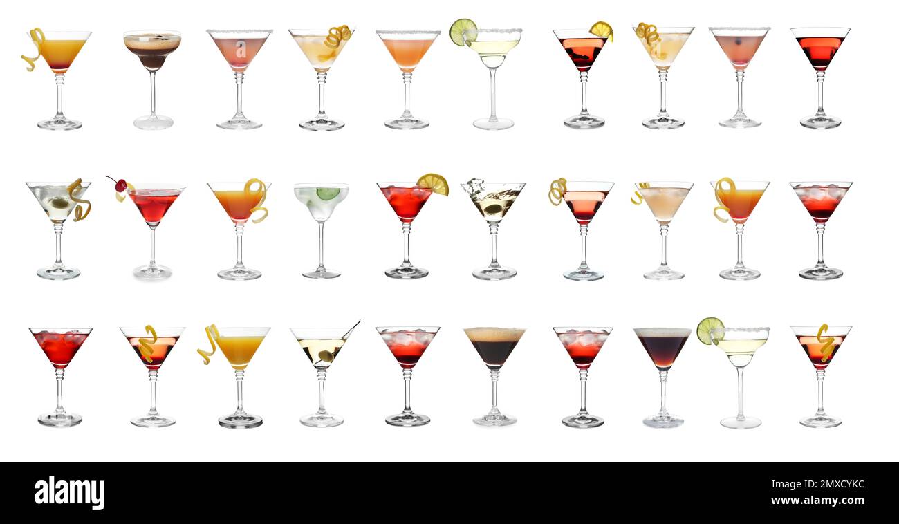 Set with different martini cocktails on white background, banner design ...