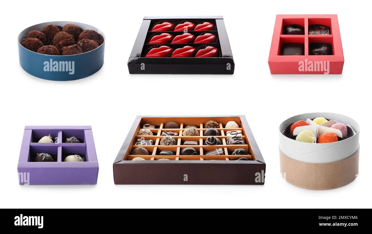 Set with different boxes of chocolate candies on white background Stock ...
